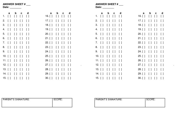 Answer Sheet # - Date: - A B C D A B C D Answer Sheet # - Date: - A B C ...
