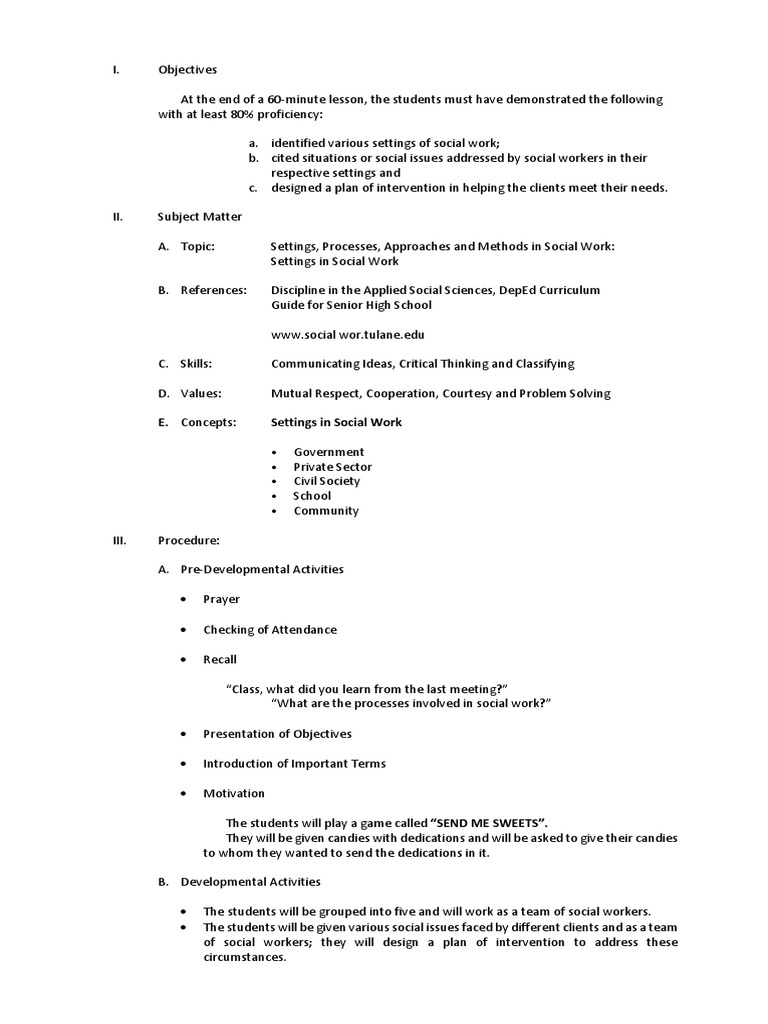 LP14 Settings of Social Work | PDF | Social Work | Lesson Plan