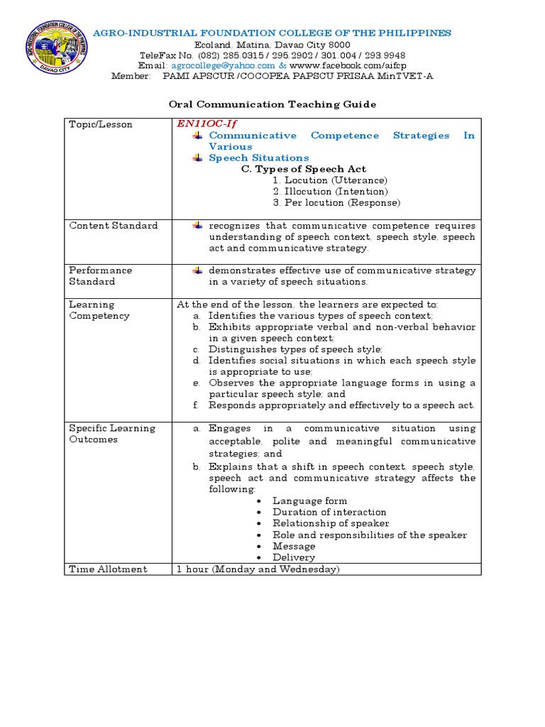 Oral Communication Teaching Guide: EN11OC-If | PDF | Speech | Learning