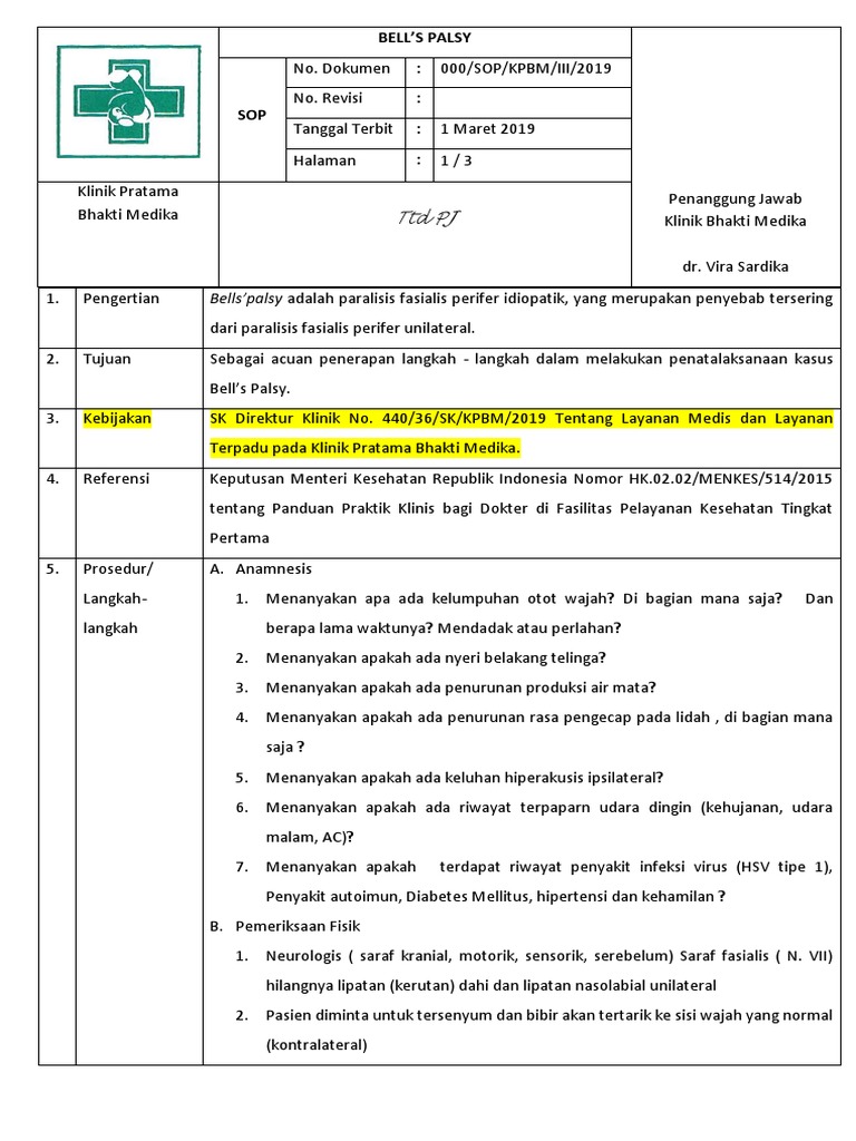 SOP Bell's Palsy | PDF
