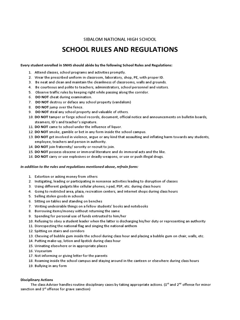 School Rules and Regulations | PDF | Violence
