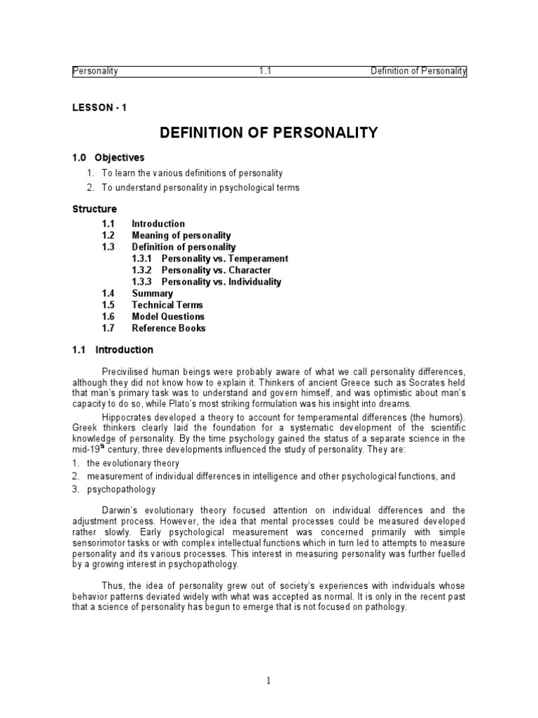 Definition of Personality: Lesson - 1 | PDF | Personality Psychology ...