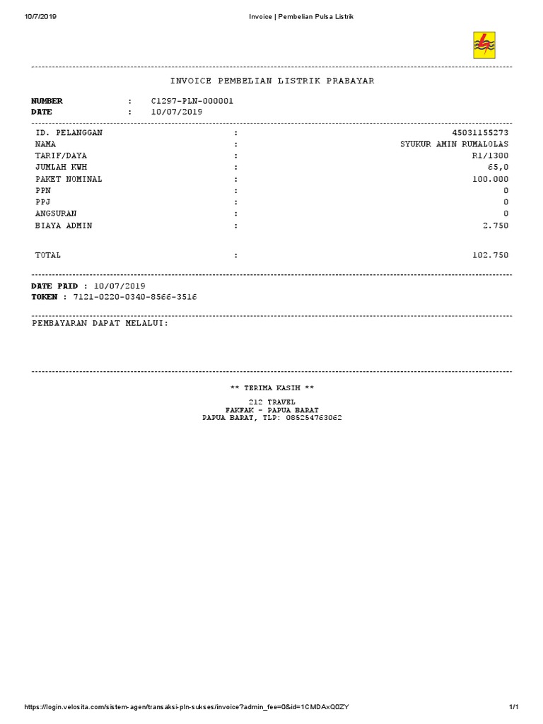 Invoice - Pembelian Pulsa Listrik PDF | PDF