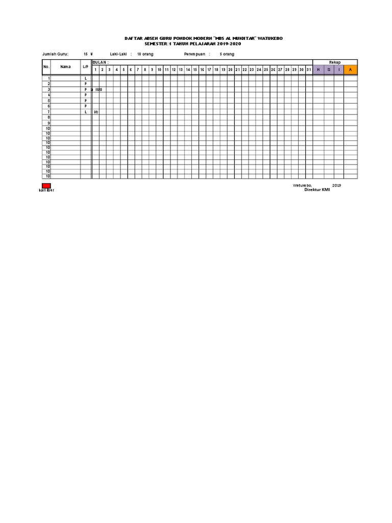 Format Absensi Guru Excel | PDF