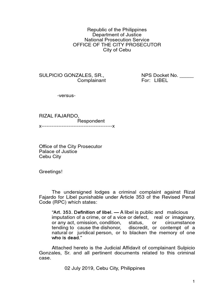 Libel Complaint Affidavit Sample | PDF | Defamation | Perjury