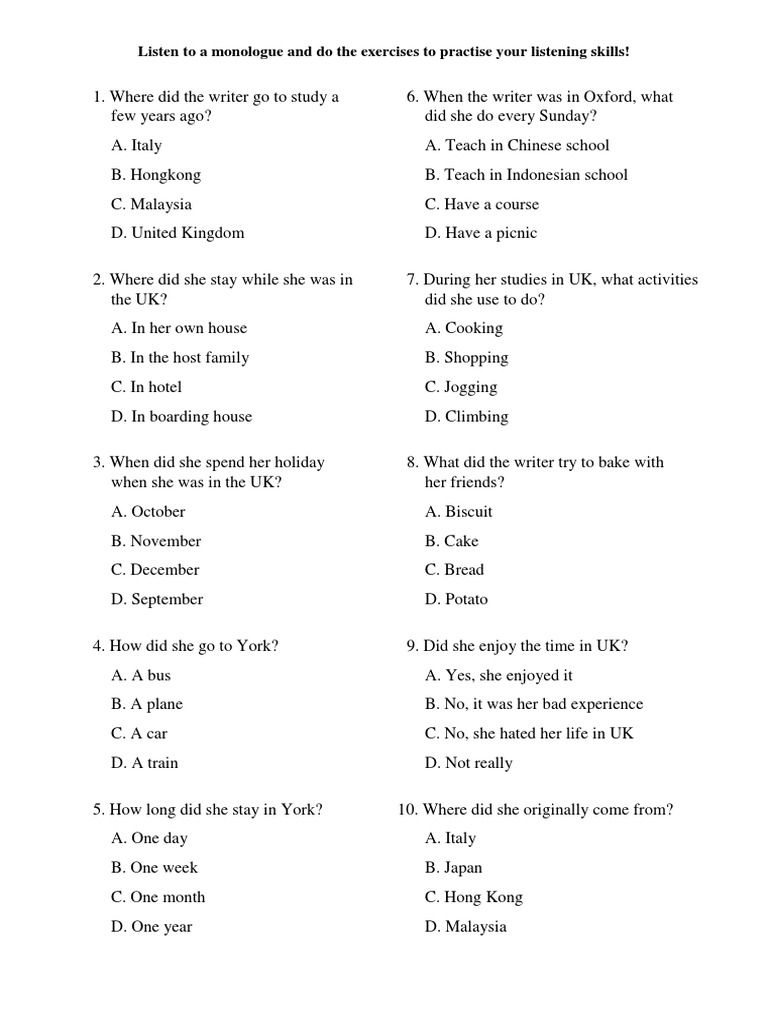Listen To A Monologue and Do The Exercises To Practise Your Listening ...