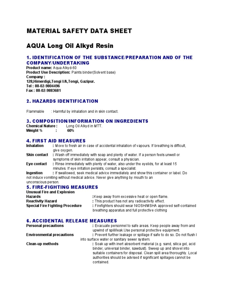Material Safety Data Sheet AQUA Long Oil Alkyd Resin | PDF | Personal ...