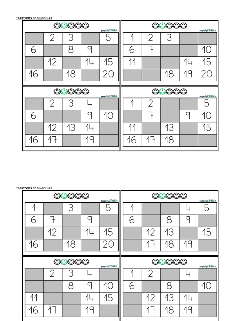 Tarjetas De Bingo Con Números Del 1 Al 20 Bingos Para Imprimir