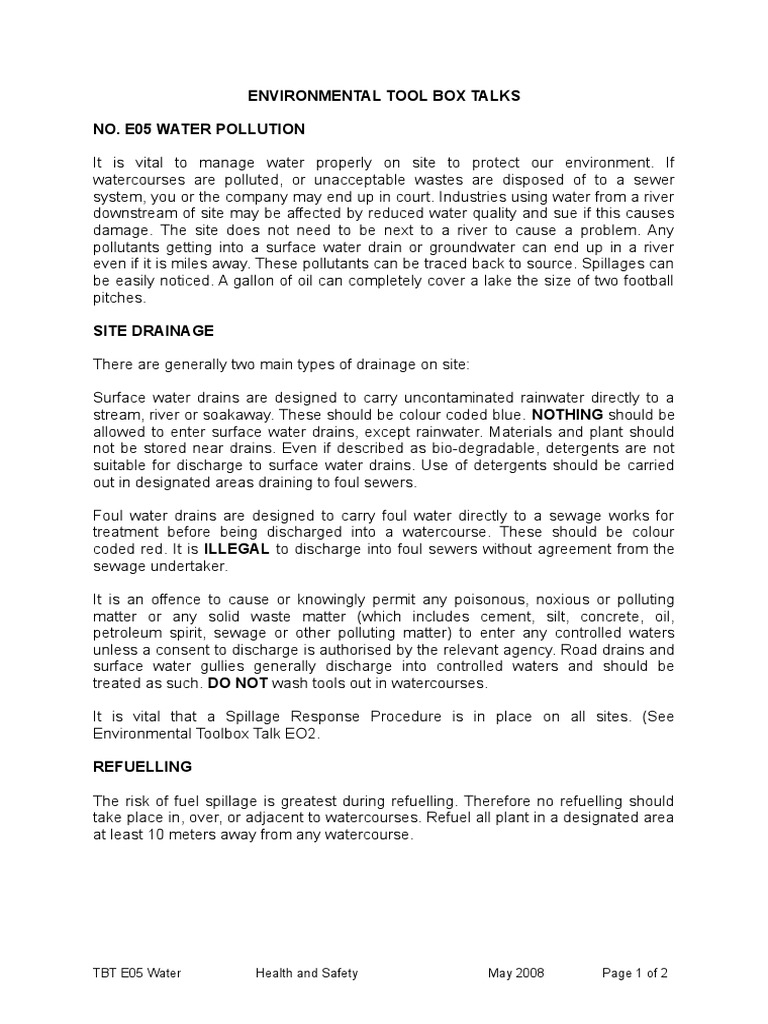 Environmental Tool Box Talks No. E05 Water Pollution: TBT E05 Water ...