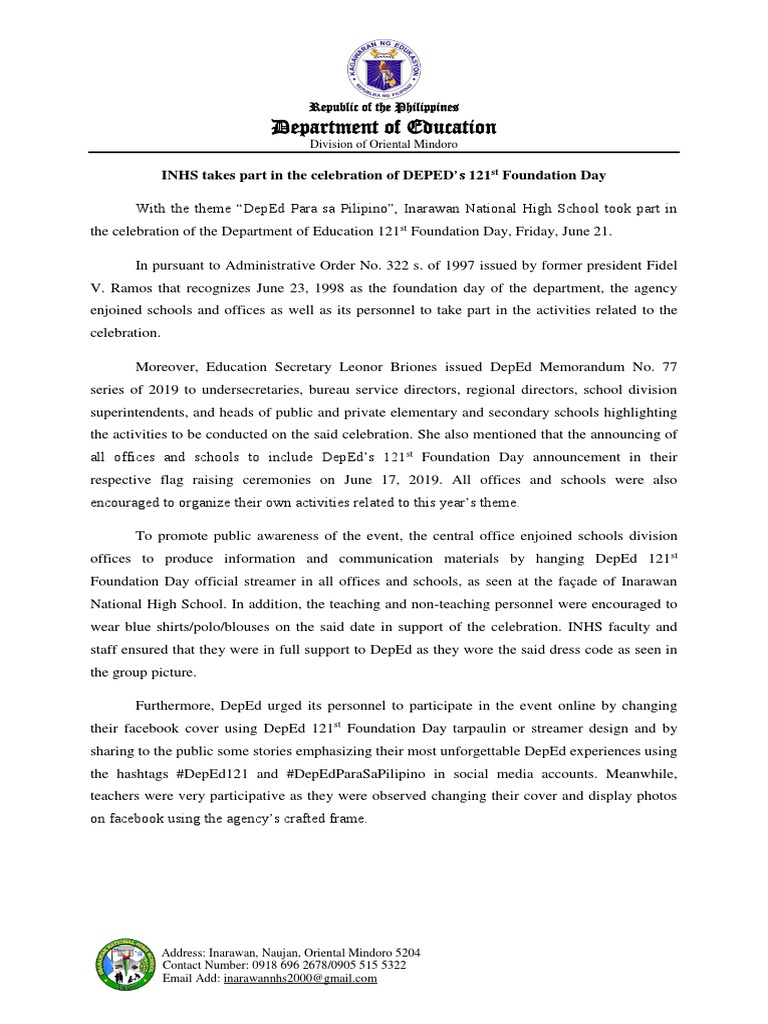 Narrative Report On 121st Deped Founding Anniv | PDF | Communication