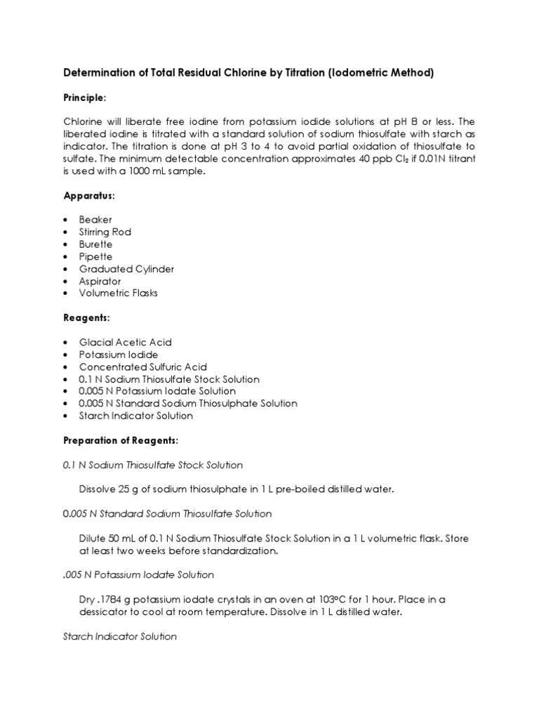 Total Residual Chlorine Titration Method | PDF | Titration | Chemistry