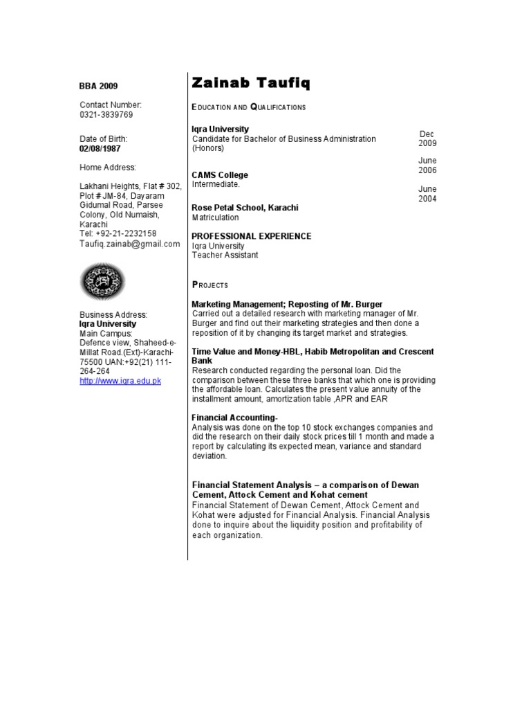 Zainab CV New One | PDF | Economies | Business