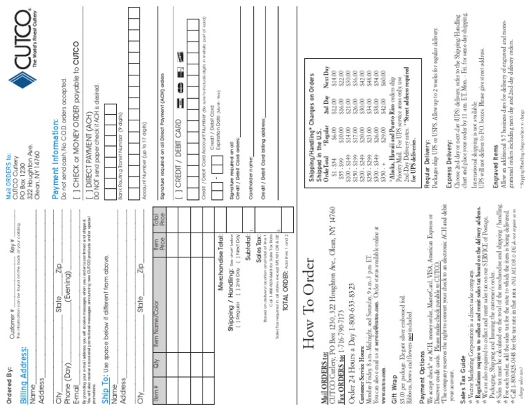 CUTCO Order Form | PDF | Credit Card | Debit Card