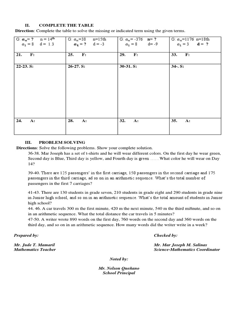 Direction: Complete The Table To Solve The Missing or Indicated Term Using The Given Terms | PDF ...