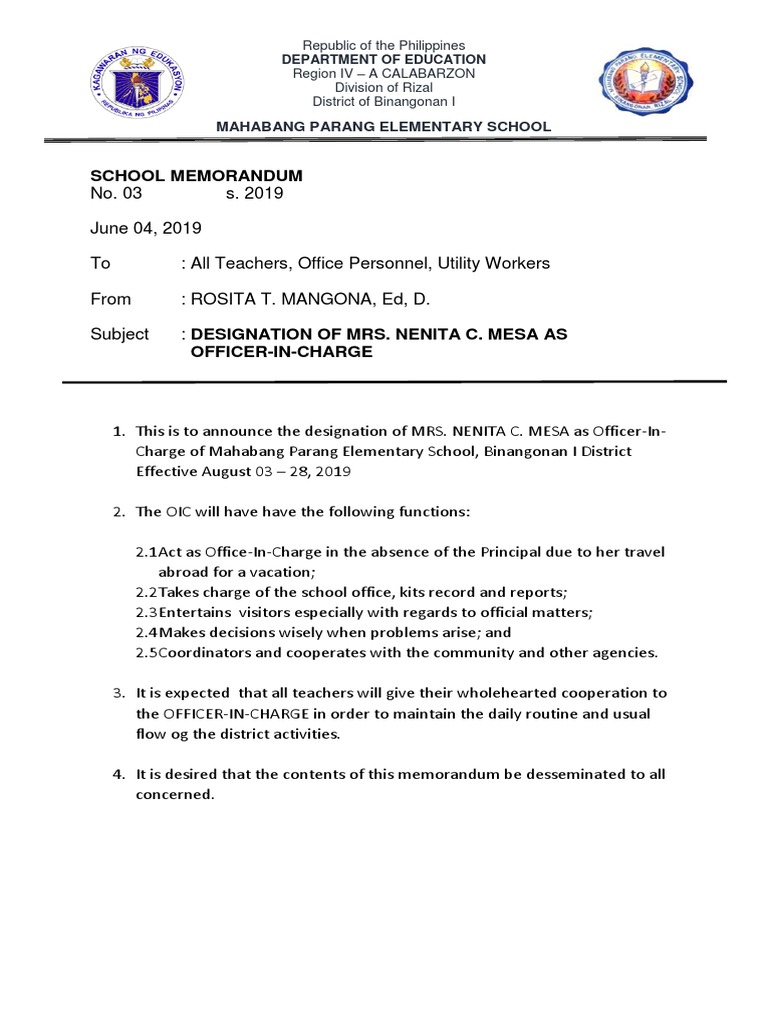 School Memorandum: Mahabang Parang Elementary School | PDF