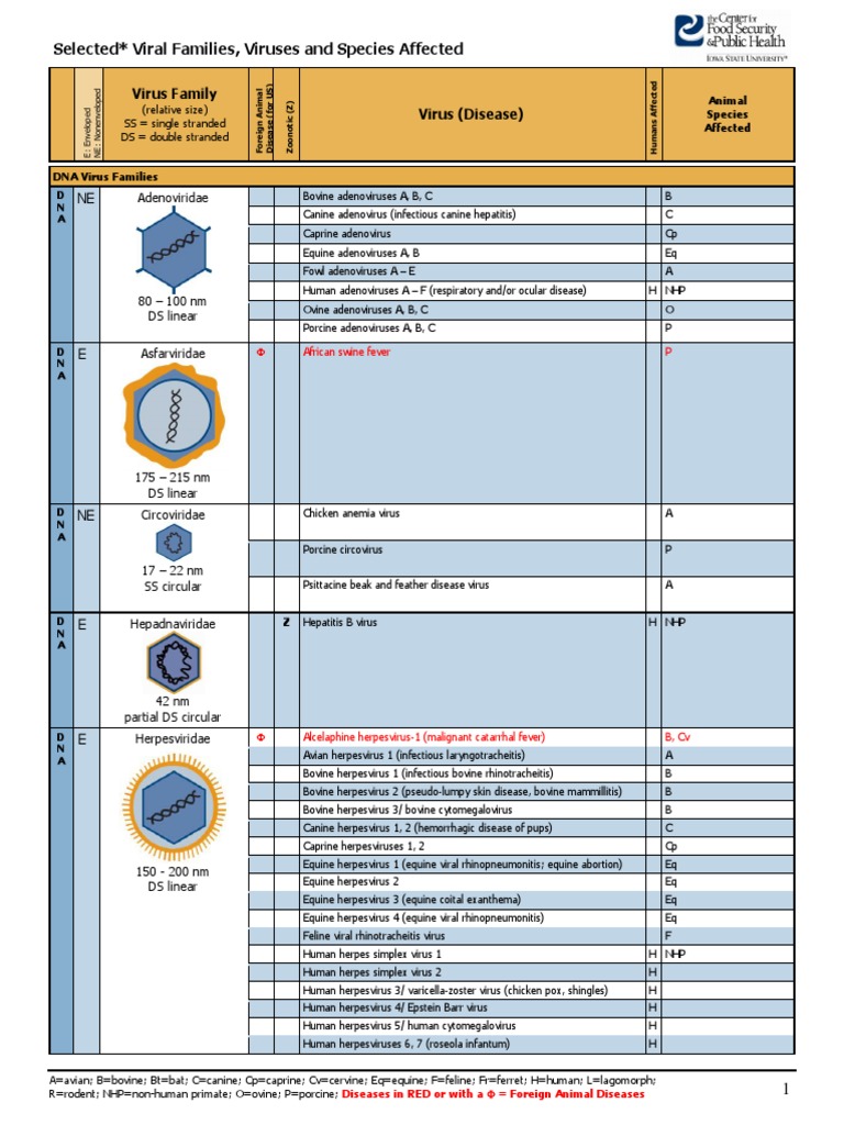 Selected Viral Families, Viruses and Species Affected: Virus Family ...