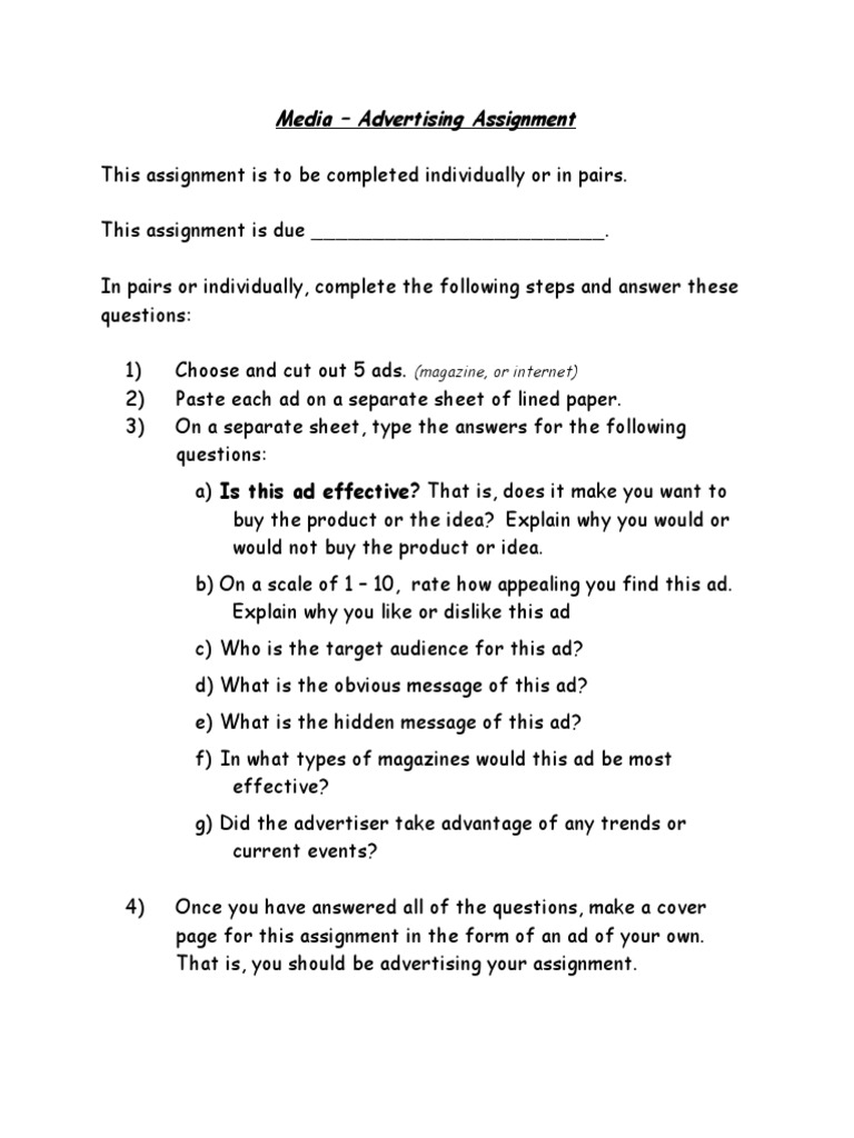 Media - Advertising Assignment: (Magazine, or Internet) | PDF