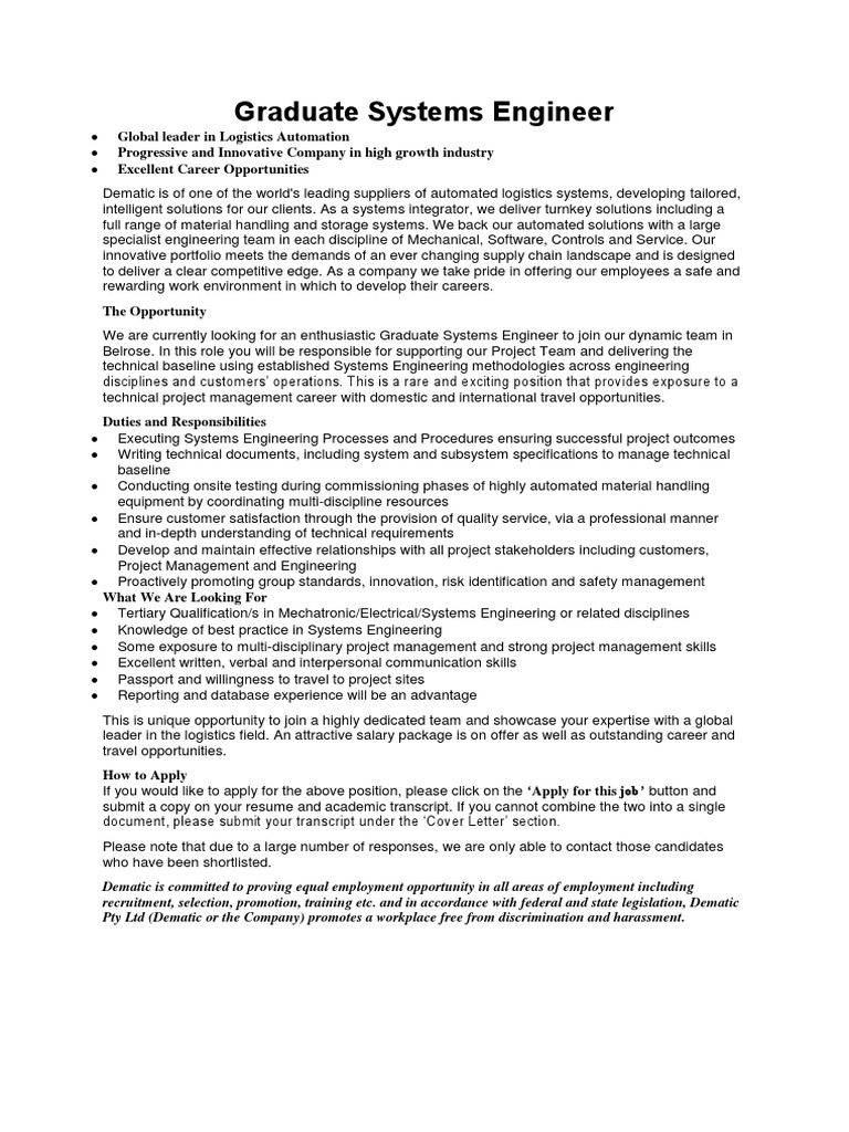 Graduate Systems Engineer Logistics Automation Project Management | PDF ...