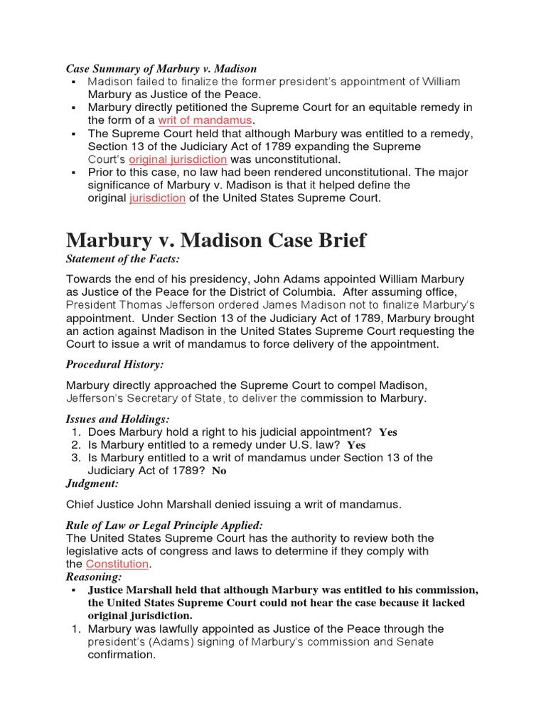 Marbury v. Madison Case Analysis | PDF | Marbury V. Madison | Judiciary ...