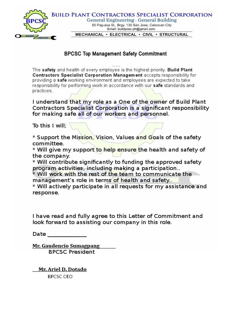 Management Safety Commitment Letter