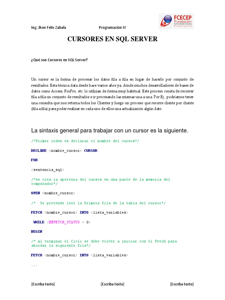 Ejemplo Cursores en SQL Server | PDF | Tabla (base de datos) | Servidor ...