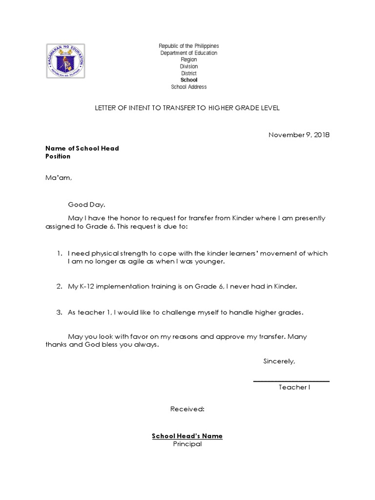 Letter of Intent To Transfer To Higher Grade Level | PDF