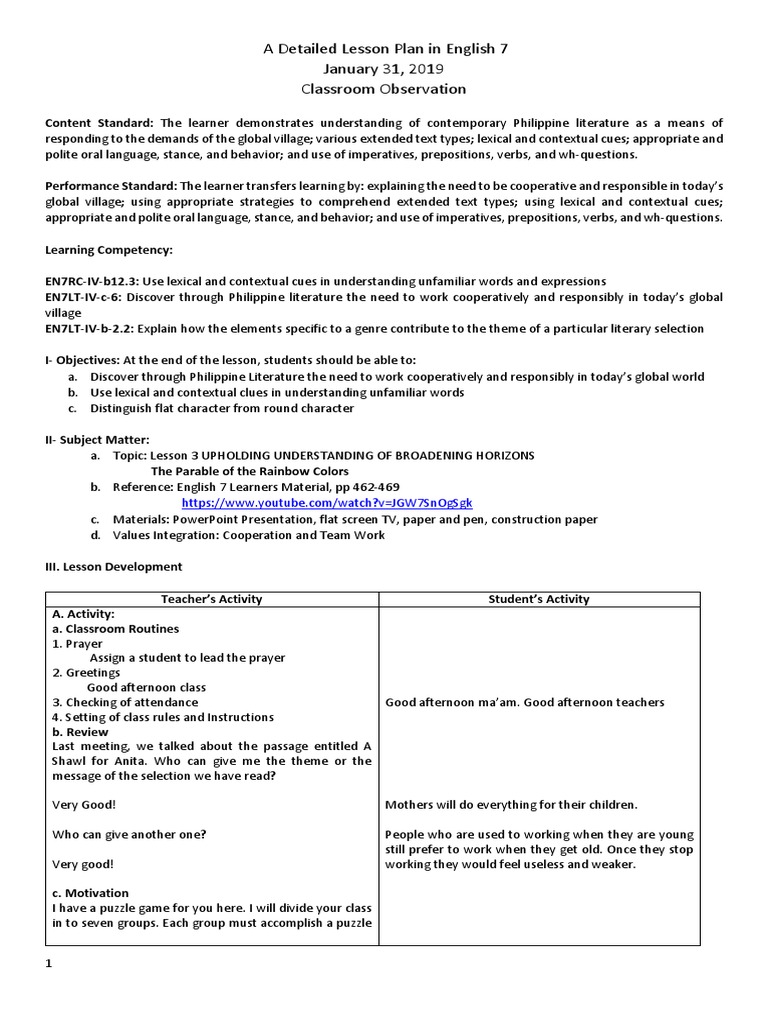Detailed Lesson Plan for English 7 | PDF | Lesson Plan | English Language