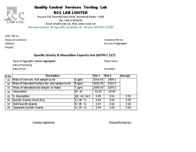 Quality Control Services Testing Lab RCC Lab Limited: Specific Gravity ...