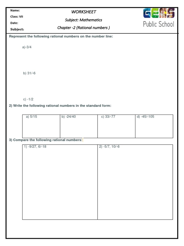 Rational Number Worksheet | PDF