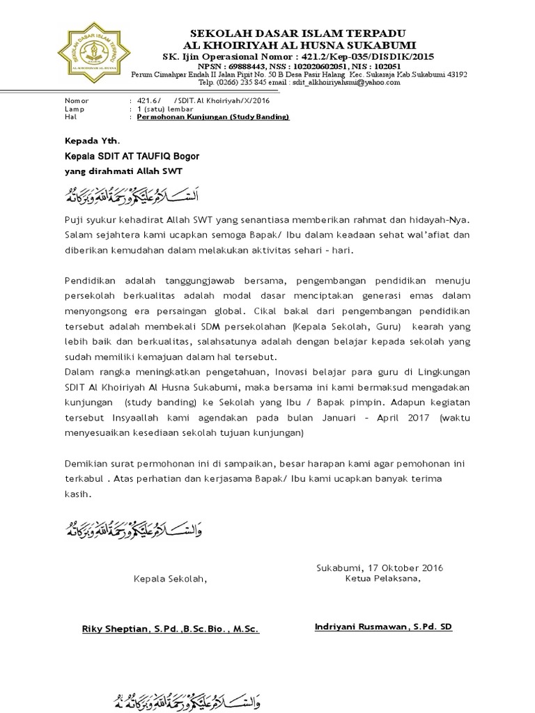 Permohonan Study Banding SDIT Al Khoiriyah | PDF