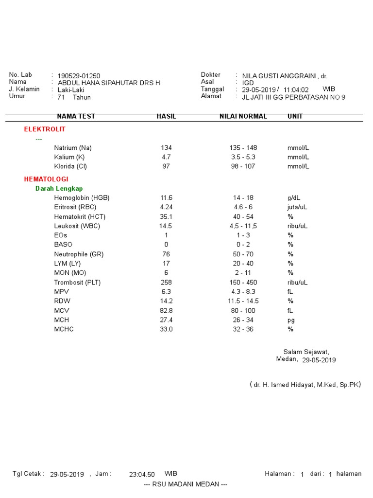 Hasil Nilai Normal Unit Nama Test: Elektrolit | PDF