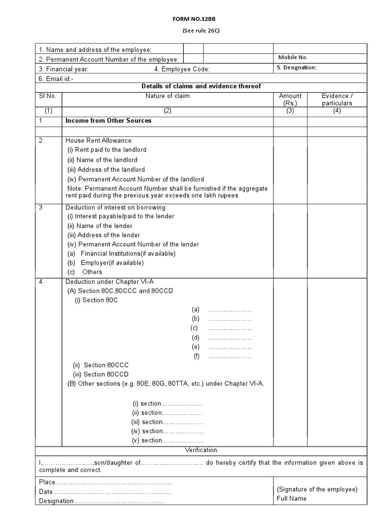Form 12BB in Word Format | PDF | Taxation | Interest