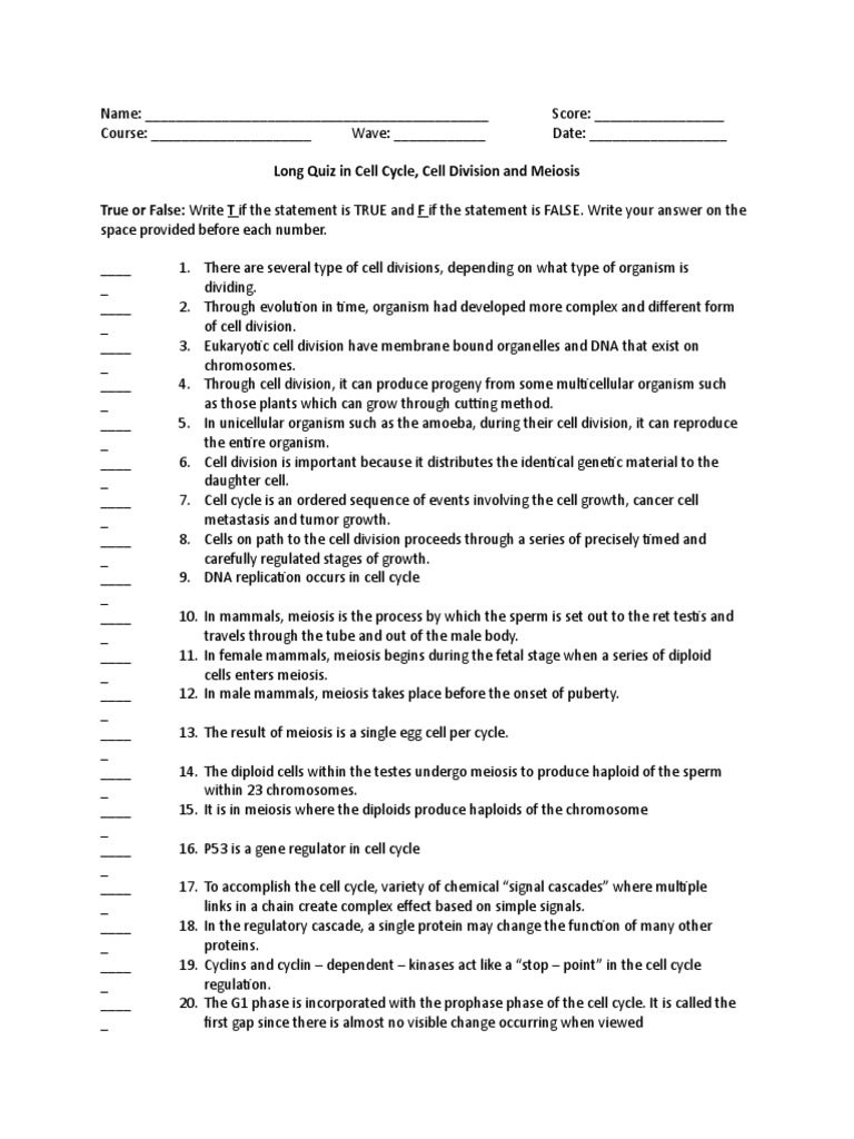 Cell Cycle Quiz | PDF | Meiosis | Cell (Biology)