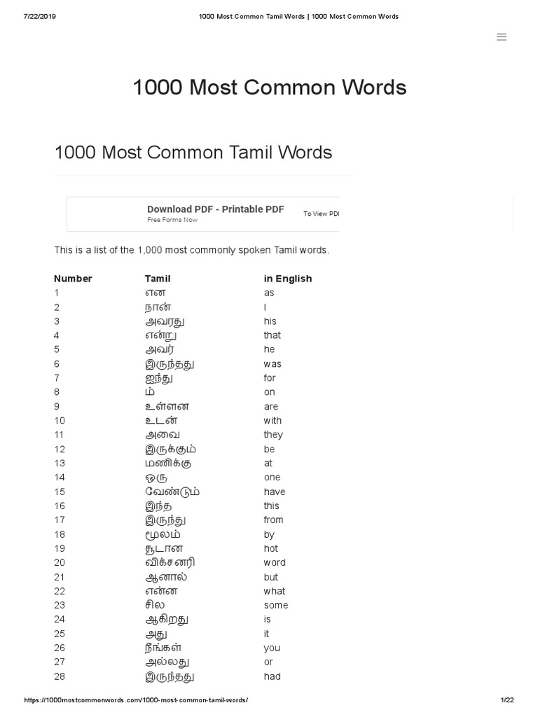 1000 Most Common Tamil Words - 1000 Most Common Words | PDF