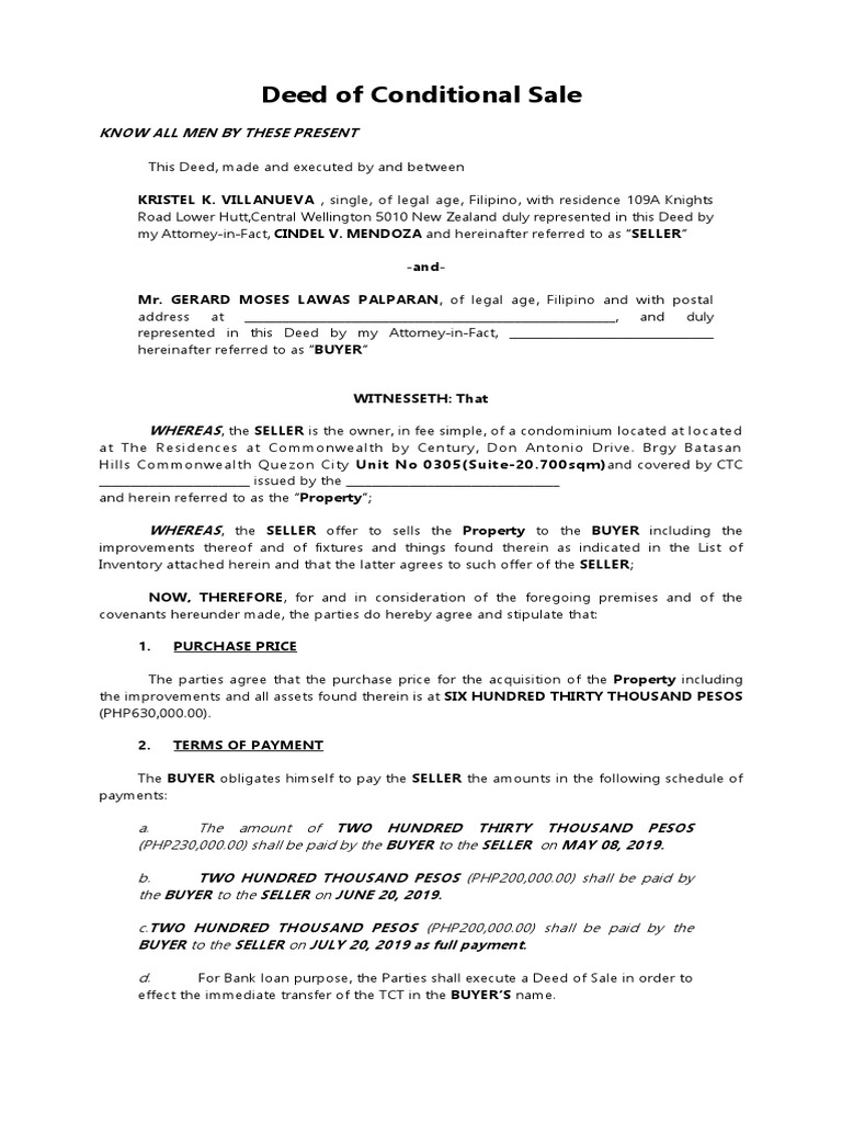 Deed of Conditional Sale | PDF | Deed | Sales