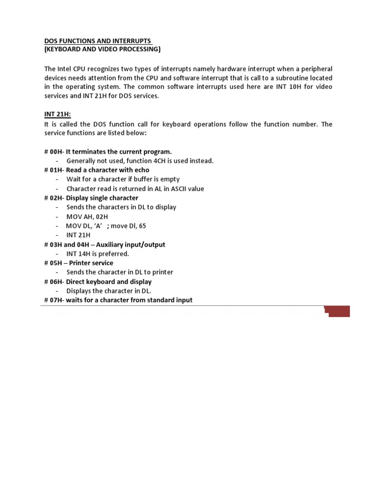 Dos Functions in 8086 Programming | PDF | Subroutine | Computer Keyboard