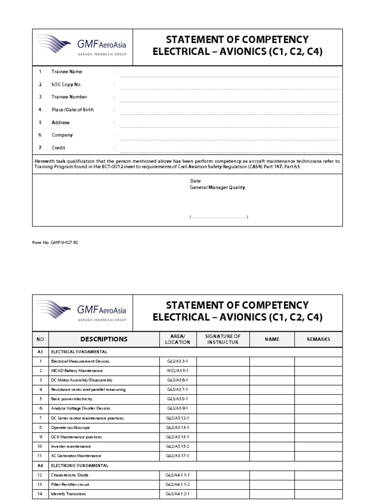 Statement of Competency Electrical - Avionics (C1, C2, C4) : Form No ...