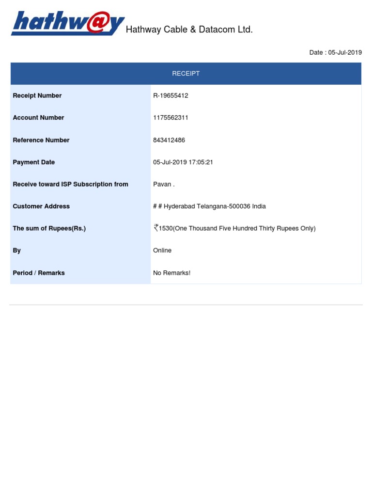 Hathway Cable & Datacom LTD.: Receipt Number | PDF