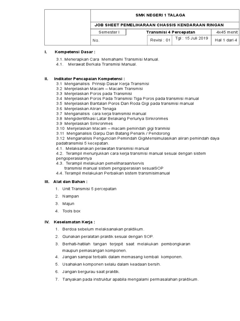 Job Sheet Transmisi | PDF | Teknologi & Rekayasa