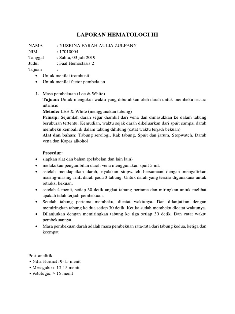 Laporan Faal Hemostasis 2 | PDF | Sains & Matematika