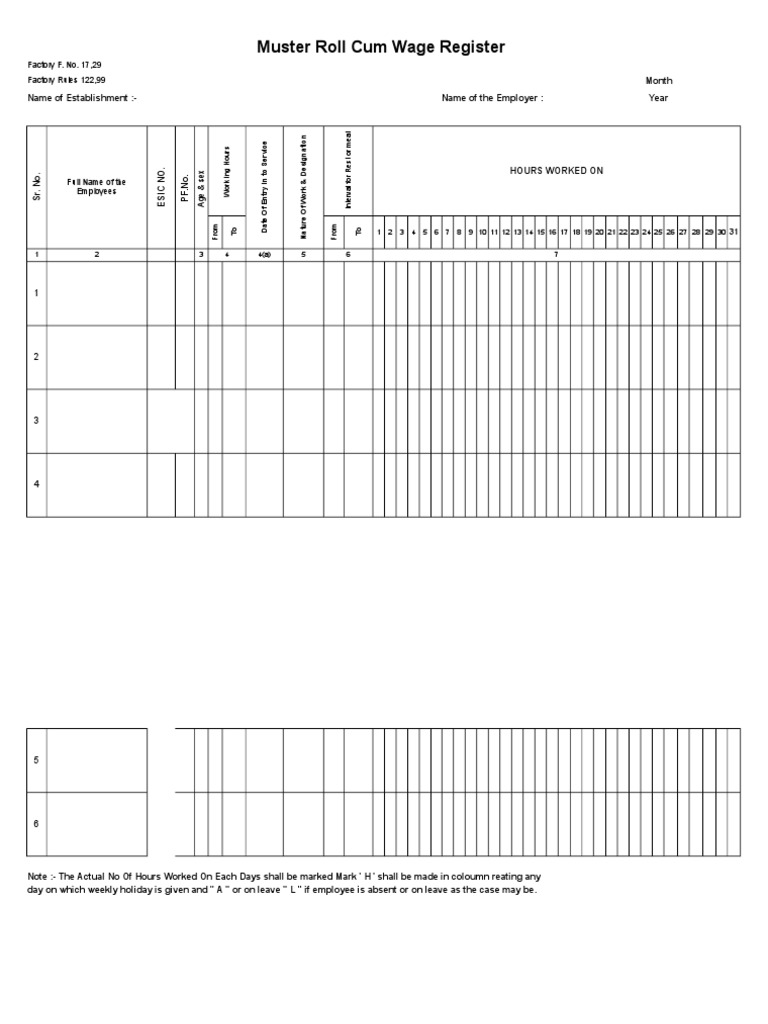 Muster Roll and Wage Register Format | PDF | Wage | Employment