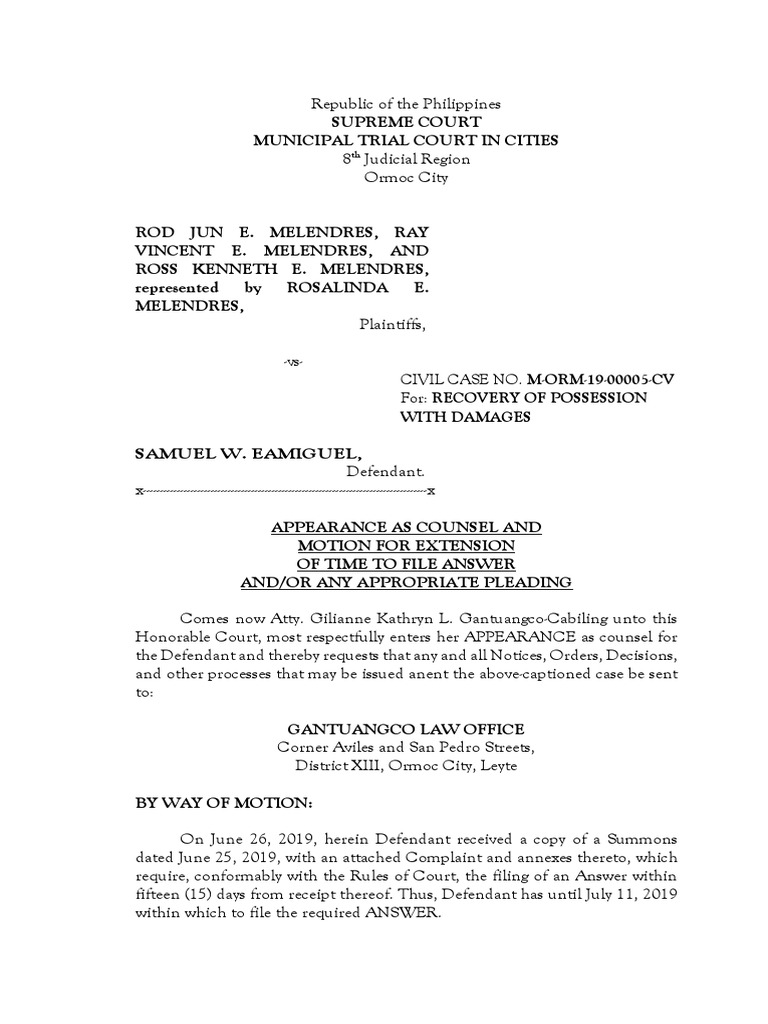 Entry of Appearance With Motion For Extension | PDF | Complaint ...