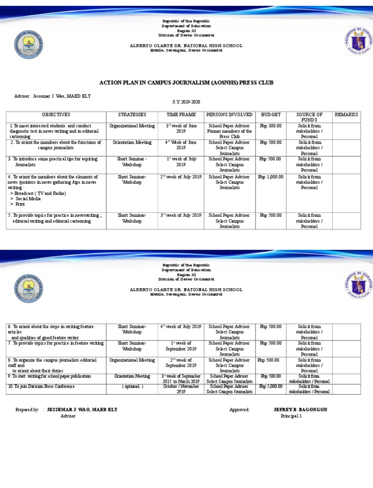 Action Plan for Campus Journalism 2019-2020 | PDF | Journalism | News
