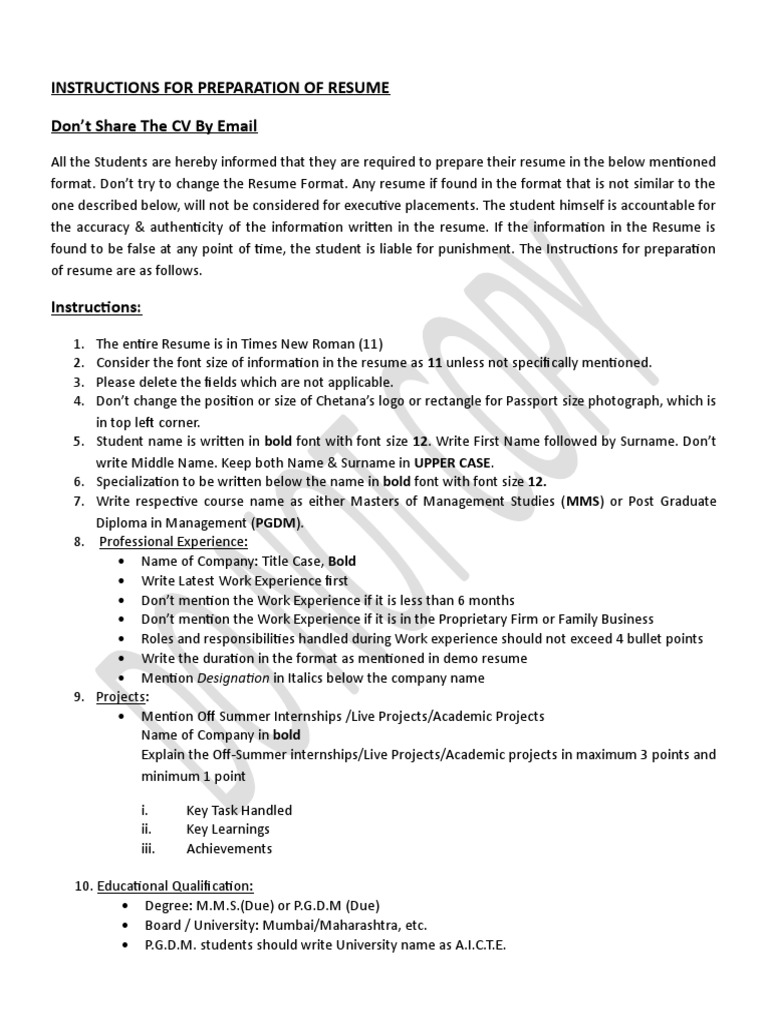 Instructions For Preparation of Resume New | PDF | Résumé | Master Of ...