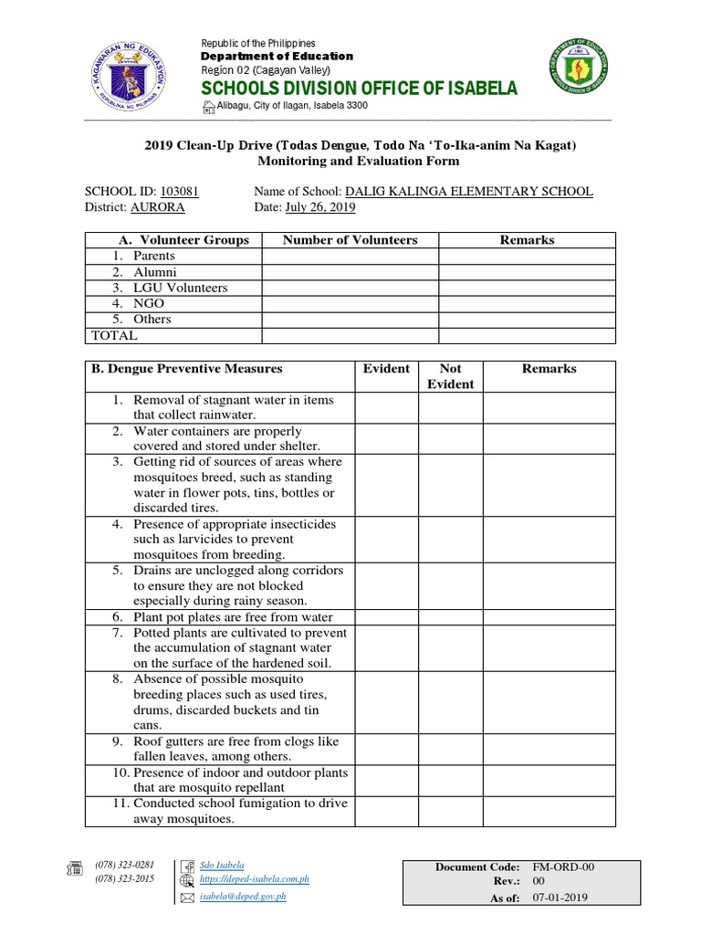 2019 Dengue Clean-Up Evaluation Form | PDF | Mosquito | Horticulture ...