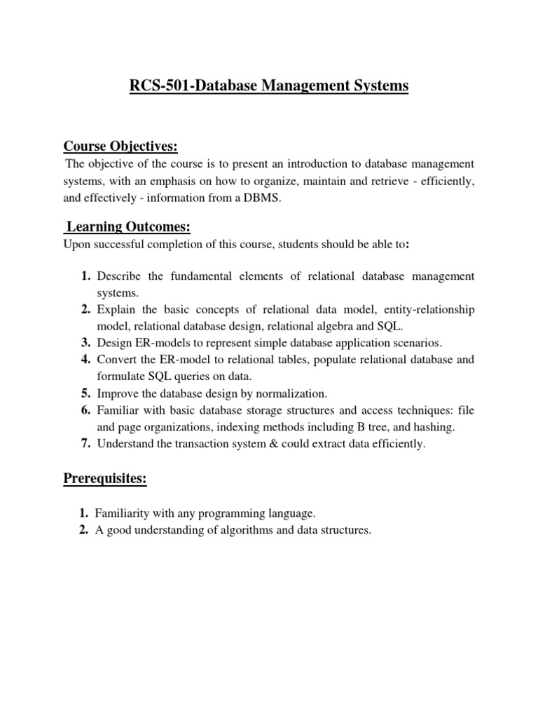 RCS-501-Database Management Systems: Course Objectives | PDF