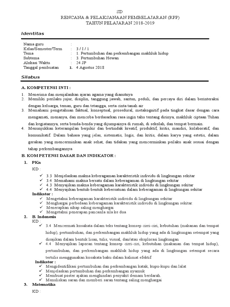 RPP Kelas 3 SD Tema 1 Subtema 3 | PDF | Sains & Matematika
