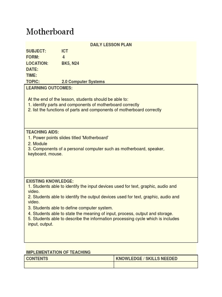 Motherboard Lesson Plan | PDF | Personal Computers | Input/Output
