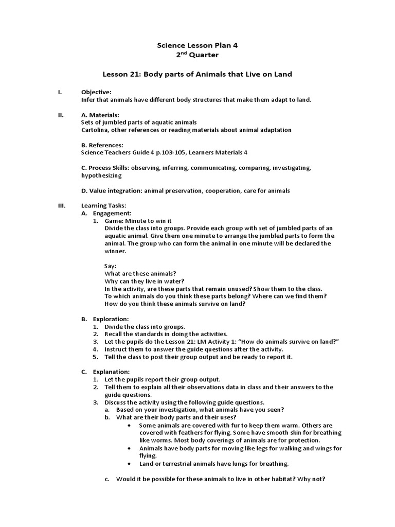 Lesson 21 Science Body Parts of Animals That Live On Land | PDF ...