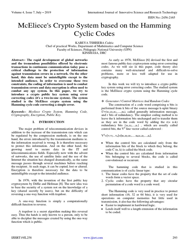 McEliece's Crypto System Based On The Hamming Cyclic Codes | PDF | Cryptography | Matrix ...